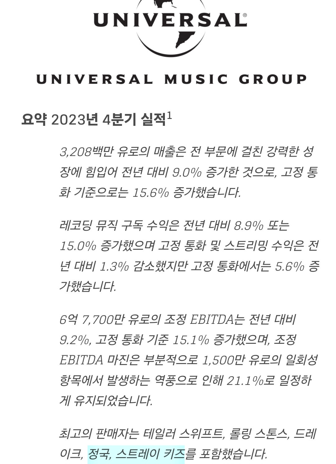 더쿠 유니버설 뮤직그룹 2023년 실적보고서에 테일러 스위프트 드레이크와 함께 최대매출자로 언급된 케이팝가수들